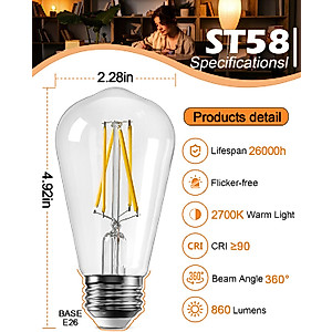 Ultra-Lasting 25000hs+ ST58 E26 LED Bulbs 60 Watt Vintage LED Edison Bulbs Warm White 2700K High Brightness, Bathroom Light Bulbs with 90+ CRI Non Dimmable Clear Glass, Pack of 4