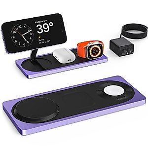 PETINO 3 in 1 Magnetic Wireless Charger Foldable, Mag-Safe Charger Stand, Mag-Safe Wireless Charging Station for Apple Devices, iPhone 15/14/13/12 Series, Apple Watch Series, AirPods Pro(Purple)