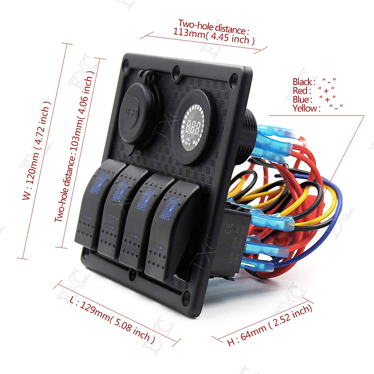 FXC 4 Gang Waterproof Marine Boat Rocker Switch Panel, DC 12V 5 Pin ON-Off Switch, with RGB LED Digital Display Voltmeter and 4.2A Dual USB Slot Socket for Boat Car Rv Vehicles Truck