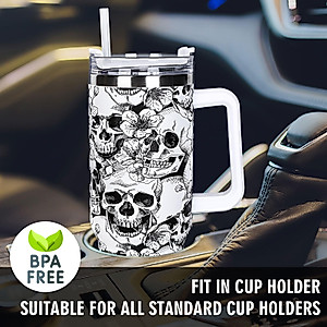 Whaline 40oz Halloween Tumbler with Straw and Lid Skull Travel Coffee Tumbler Cup with Handle for Trick or Treat Birthday Party Gifts