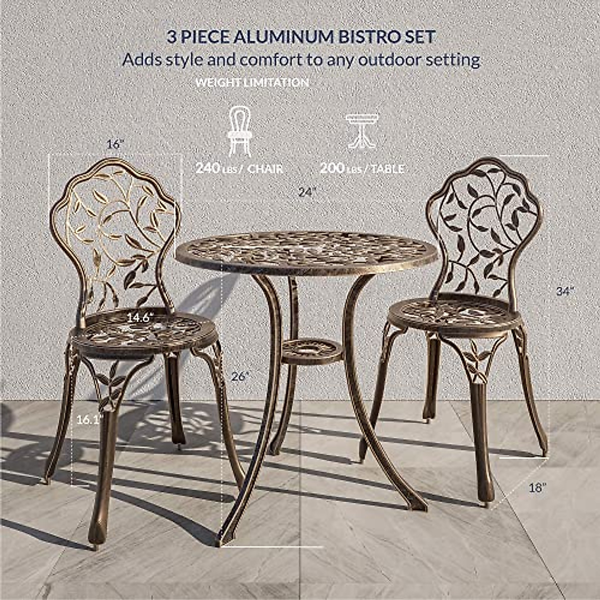 BELLEZE 3 Piece Bistro Set, Aluminum Bistro Table Set Outdoor Bistro Set, Weather-Resistant Garden Table and Chairs Wrought Iron Patio Furniture for Balcony Backyard, Leaf Design - Bronze