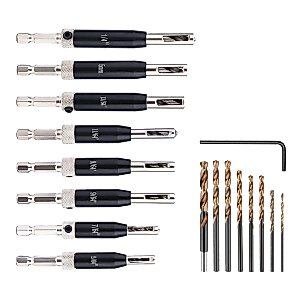 17 PCS Hinge Drill Bit Set, HSS Self Centering Drill Bits High Speed Hinge Tapper Core Drill Bit Set with Hex Key and Replacement Drill Bits for Wood Door Window Cabinet Woodworking