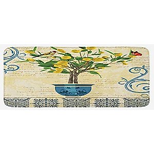 Ambesonne Vintage Kitchen Mat, Retro Style Lemon Tree in The Pot with Realistic Detailed Sparrow and Butterfly, Plush Decorative Kithcen Mat with Non Slip Backing, 47" X 19", Yellow Blue