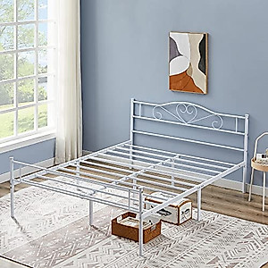 VECELO 14 Inch Queen Size Metal Platform Bed Frame with Headboard and Footboard, Heavy Duty Mattress Foundation with Steel Slats Support, No Box Spring Needed, White