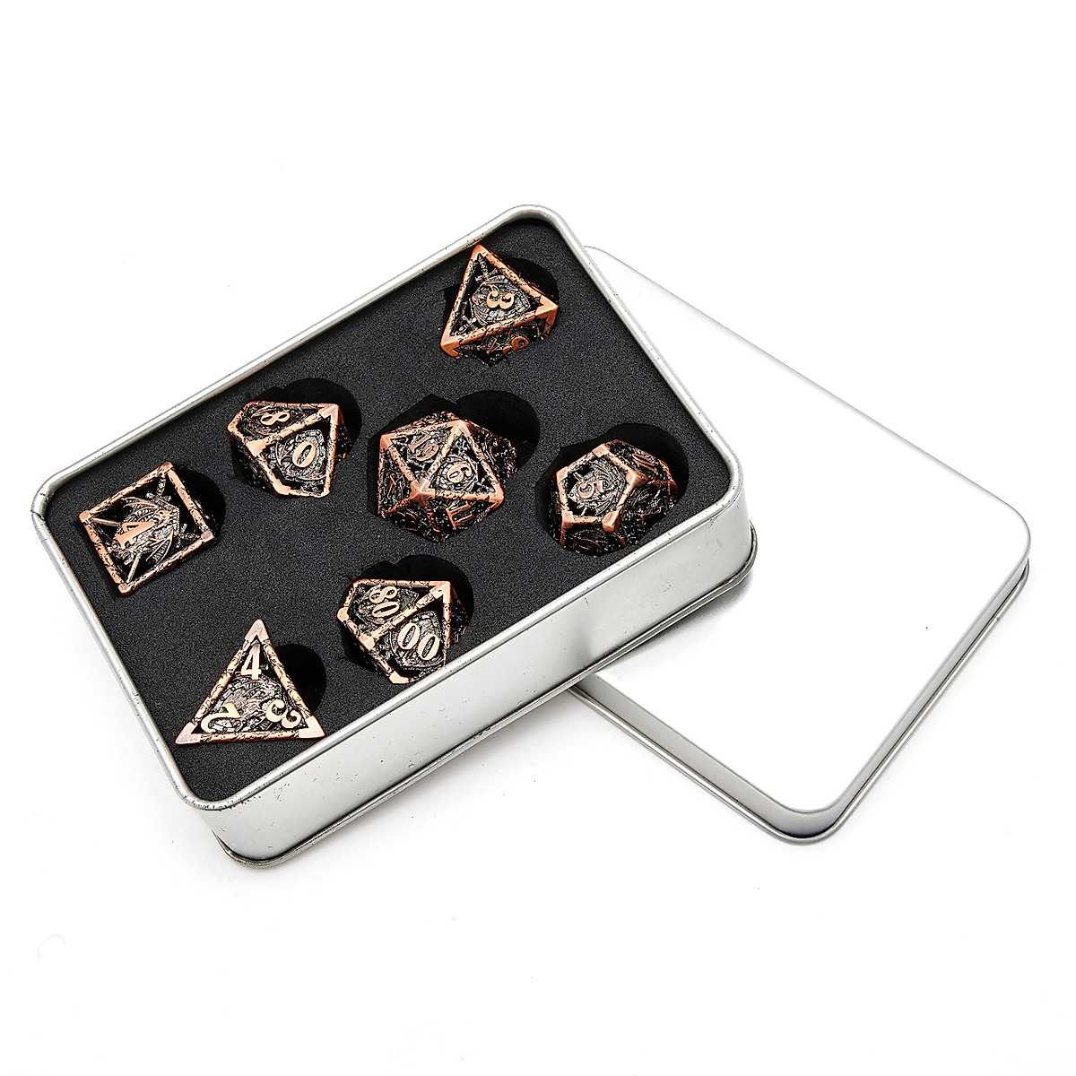 Hollow Metal DND Game Dice Set Shield and Dragon Sword，with Metal Gift case for Dungeons and Dragons RPG MTG Table Games D&D Pathfinder Shadowrun and Math Teaching (Ancient Copper)