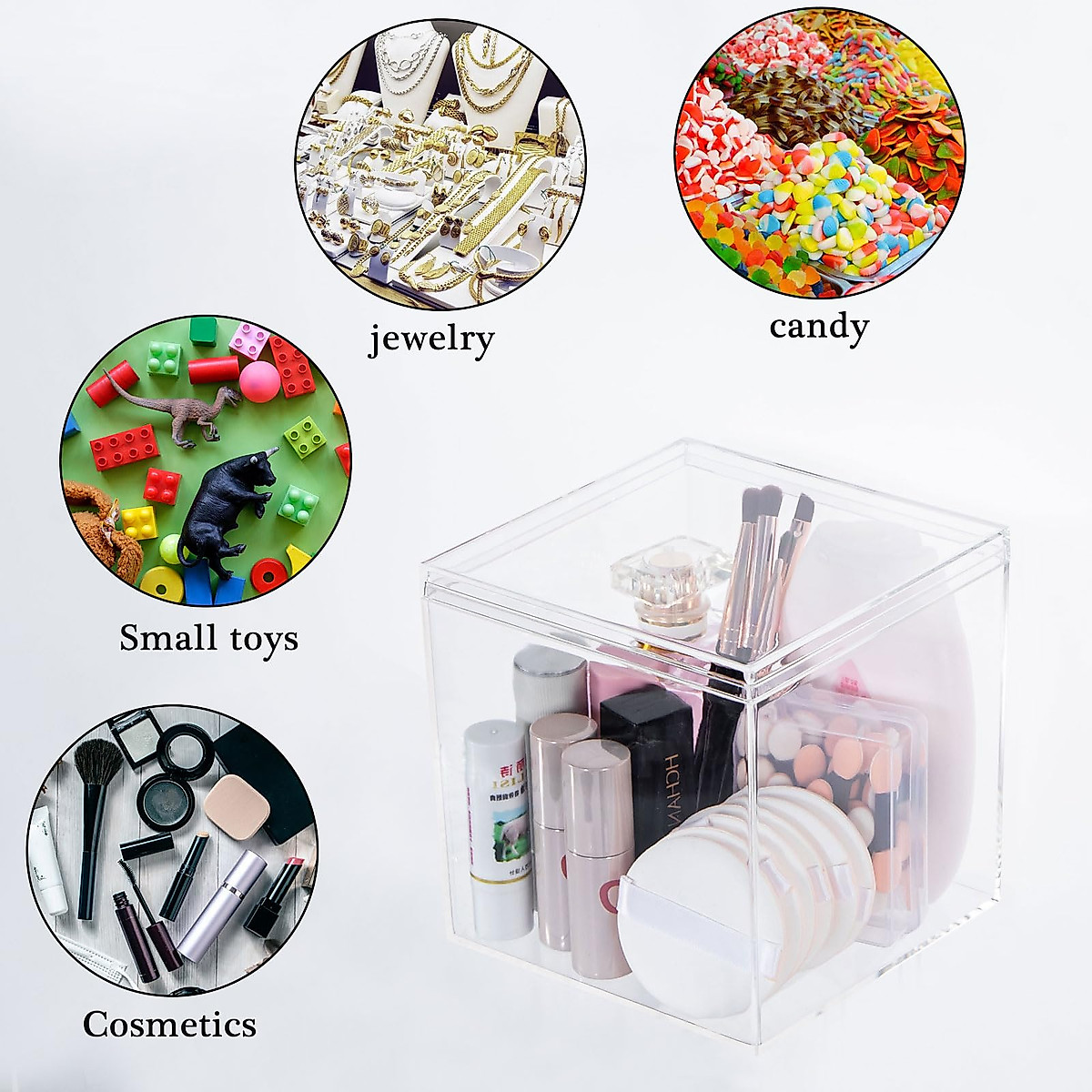 Clear Acrylic Boxes for Storage, Yeeco Acrylic Storage Cube Containers with Lids, Square Boxes in 4.7”×4.7”×4.7” Inches for Candy, Cotton Ball, Beads, Tiny Arts, Watches, Earring, Cosmetics, 4 Pack