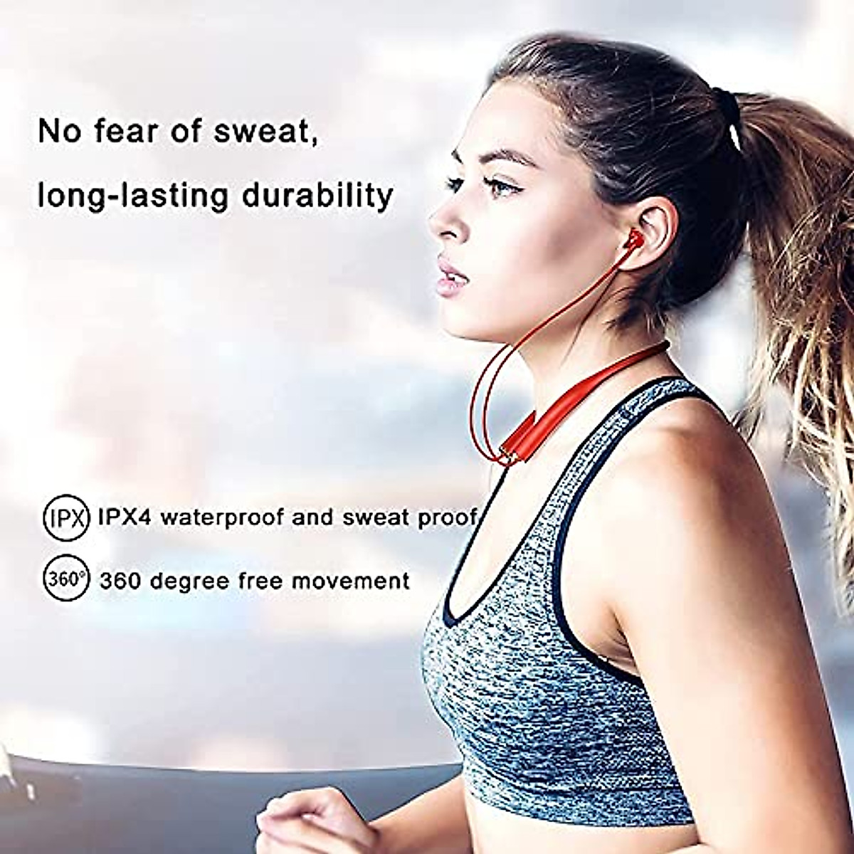 Bluetooth Headphones Wireless Earbuds Neckband with mic Noise Cancelling Wireless Headset 400 Hours Standby timefor Sports (Tomato red)