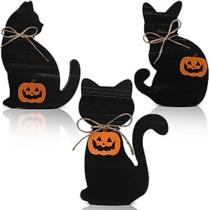 Redbaker 3 Pieces Halloween Black Cat Table Decor Black Cat Tabletop Block Sign Halloween Tiered Tray Decor Rustic Farmhouse Centerpieces for Home Shelf Party supplies