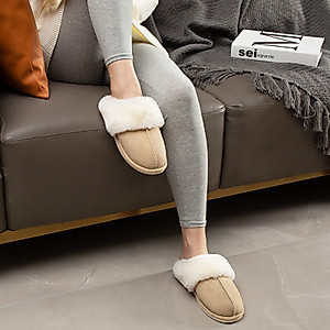 Parlovable Women's Slippers Fuzzy Warm Comfy Faux Fur Slip-on Fluffy Bedroom House Shoes Memory Foam Suede Cozy Plush Breathable Anti-Slip Indoor & Outdoor Winter Beige 7-8