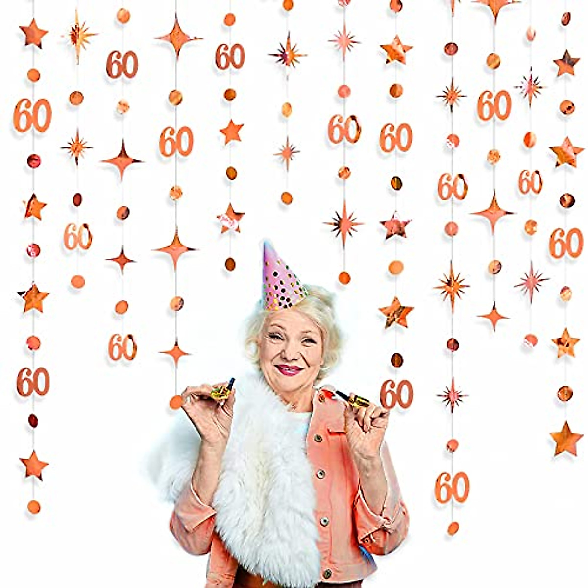 Rose Gold 60th Birthday Decorations Number 60 Circle Dot Twinkle Star Garland Metallic Hanging Streamer Bunting Banner Backdrop for 60 Year Old Happy Birthday 60th Anniversary Sixty Party Supplies