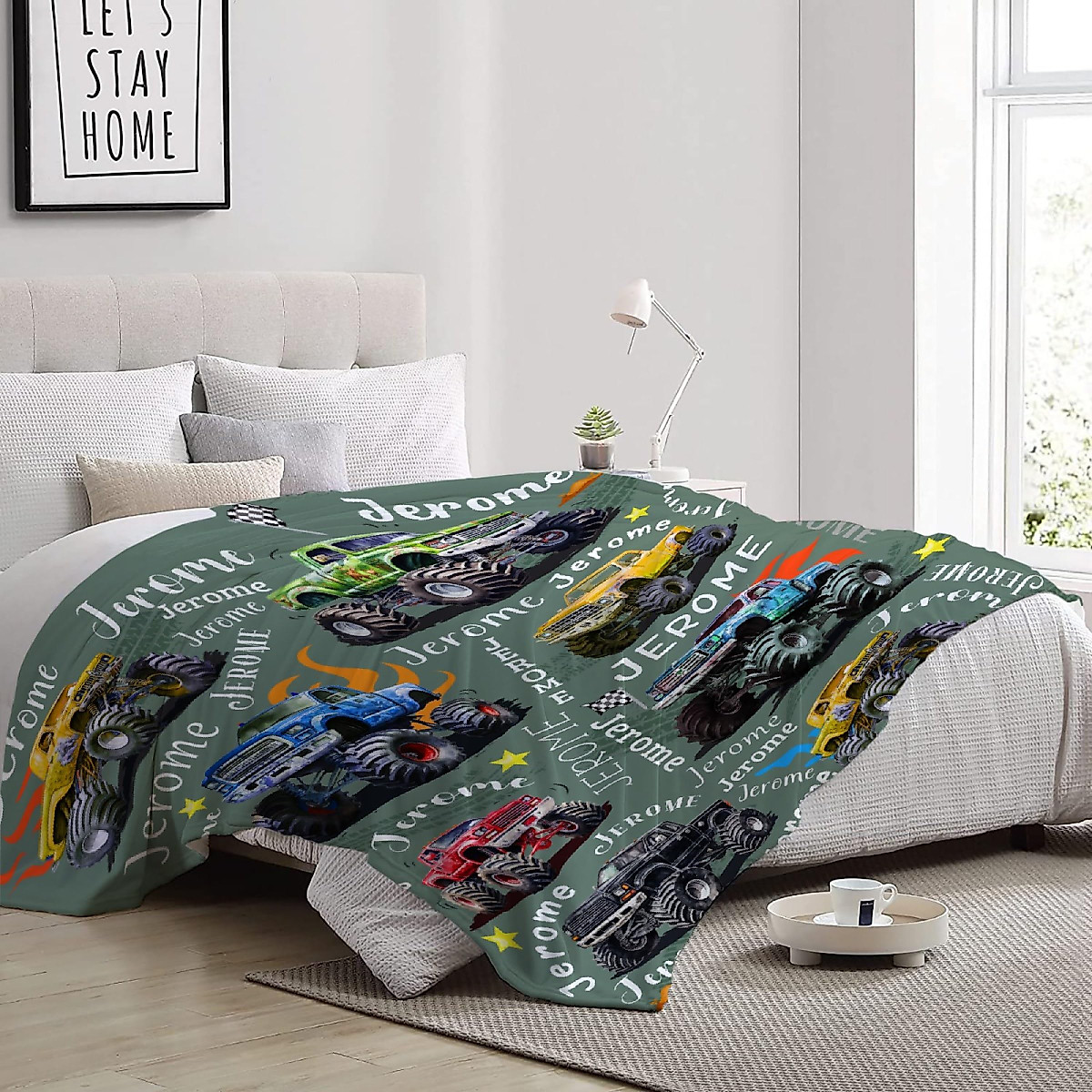 Personalized Trucks Mon-Ster Car Blanket Gifts Custom Name Blanket, Super Soft Flannel Fleece Throw Blanket for Boys Girls Couch Chair Bed Sofa Christmas Thanksgiving Gifts Teen or Nap Size 50"x60" M