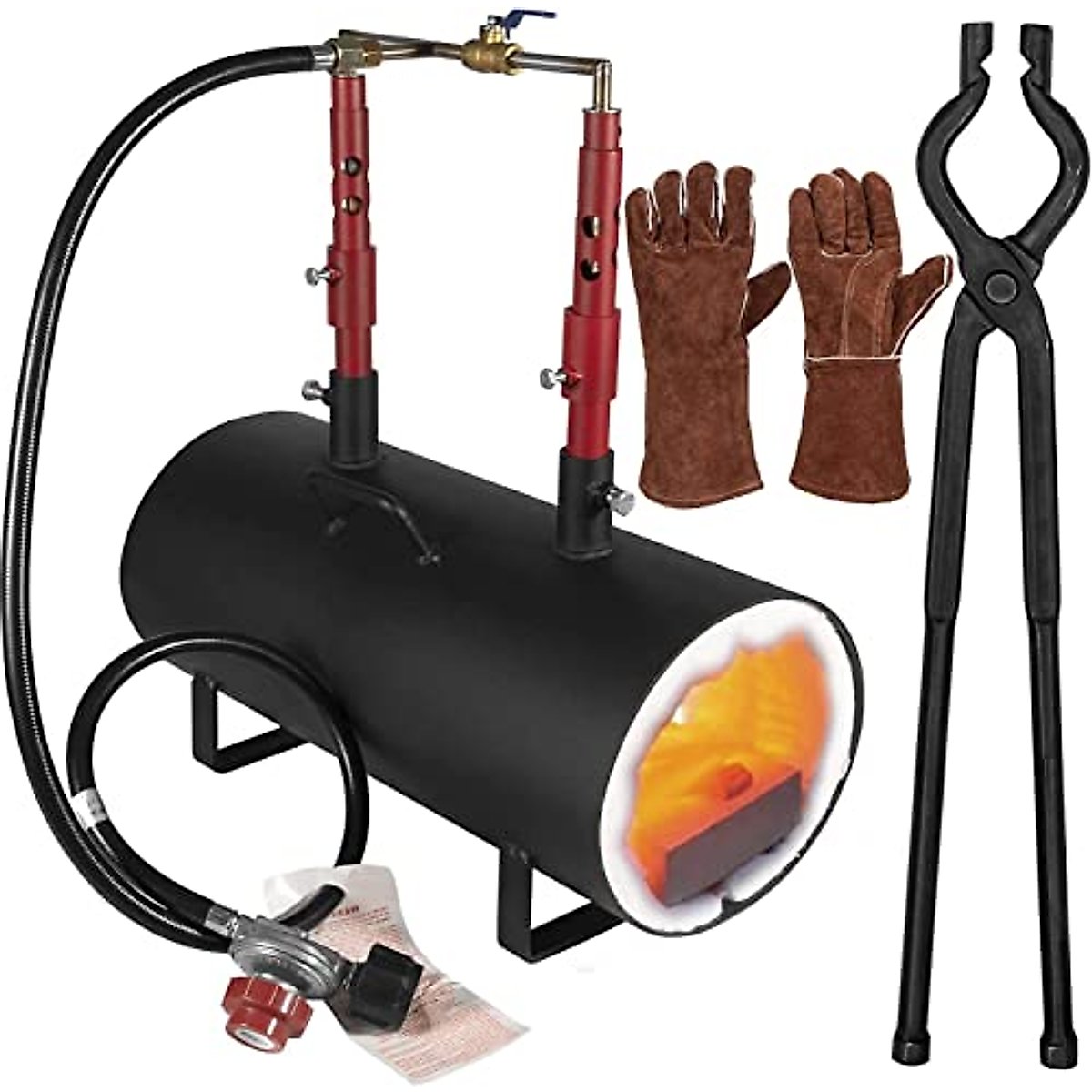 Yoursme Propane Gas Forge, Double Burner Blacksmithing Forge Large Capacity Forge, Oval Propane Burner Forge with 16.85¡®¡¯ V-Bit Tongs & Leather Welding Gloves for Farrier, Knife and Tool Making
