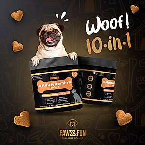Paws&Fun – Dogs Supplement Multivitamin + Glucosamine for Hip & Joint + Probiotics for Digestion + Omega 3 Salmond Oil for Skin and Coat; 10 in 1 Chews (Peanut Butter 120ct)