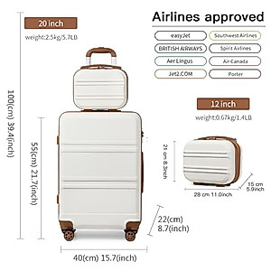 KONO 2 Piece Luggage Sets Lightweight, 20" Carry on Luggage and 12" Mini Cosmetic Cases Hardshell Suitcase Sets, Durable Hardside Suitcase with Spinner Wheels TSA Lock Cream White