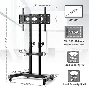 TVON Mobile TV Cart with Wheels for 40-80 Inch LCD LED OLED Flat Curved Screen TVs, Height Adjustable Rolling TV Stand Holds up to 110 lbs, Outdoor TV Stand Trolley Max VESA 600x400mm