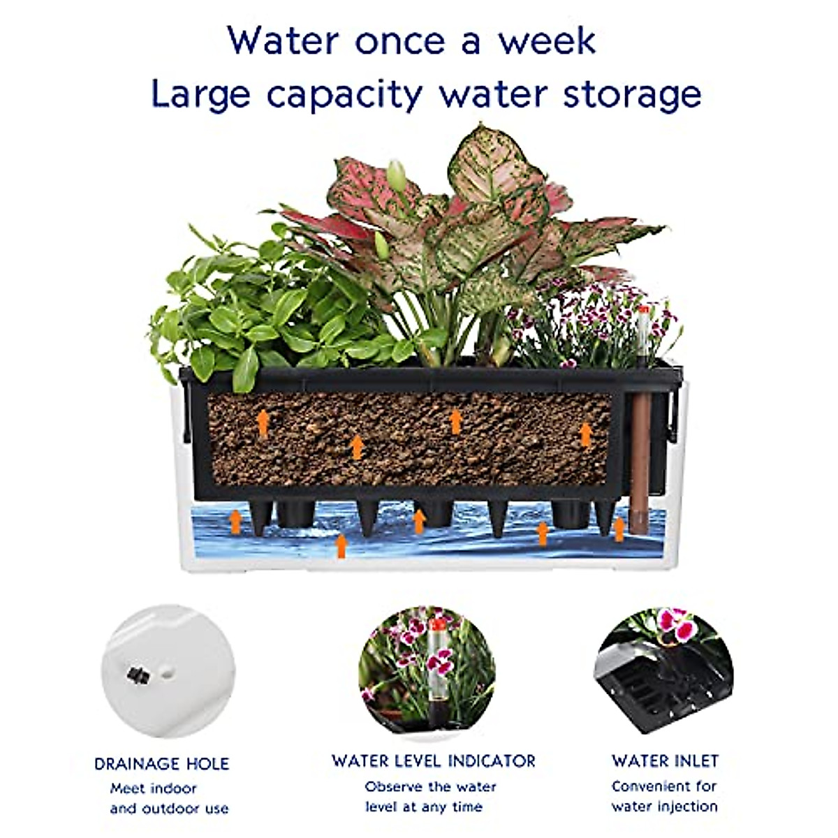 GardenBasix Elongated Self Watering Planter Pots Window Box 5.5 x 16 inch with Coconut Coir Soil Indoor Home Garden Modern Decorative Planter Pot for All House Plants Flowers Herbs 1, White 5.5" x16”