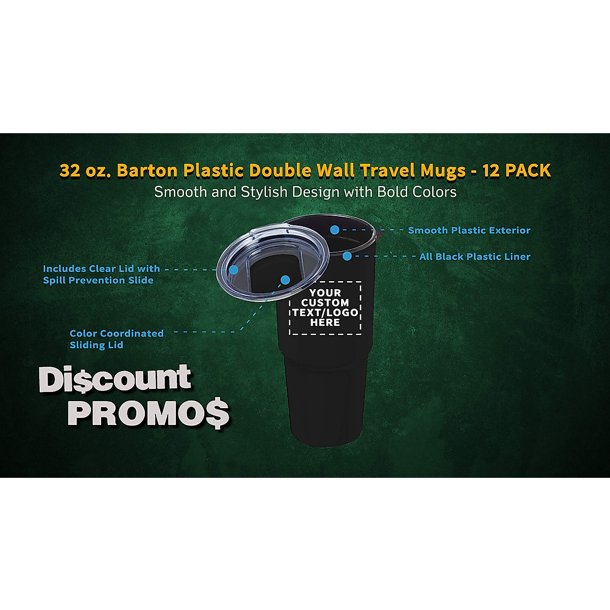 Personalized 32 oz. Barton Plastic Double Wall Travel Mugs - 12 Pack - Custom Text, Logo - Black