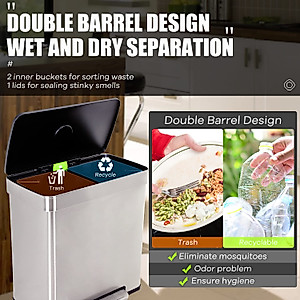 MGHH Trash Can,16 Gallon (2X30L) Dual Garbage Can with Mute Metal Waste Bin, Stainless Steel Double Compartment Classified Recycle Garbage Pedal Dustbin,Suit for Kitchen,Office,Bedroom