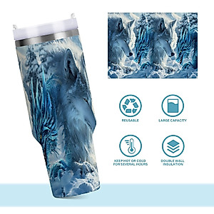 ODAWA Wolf Dragon White Tumbler Cup Reusable Tumbler with Straw Ice Coffee Cups