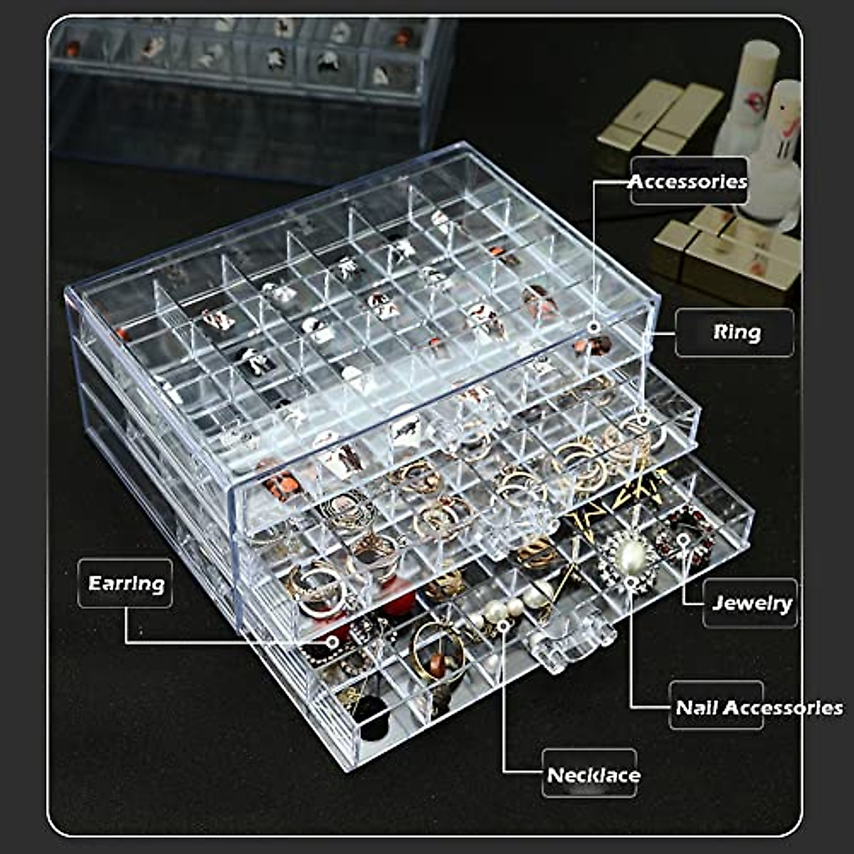 YUFONG Earring Storage Box Organizer 3 Drawers Acrylic Jewelry Storage Box Holder Transparent Jewelry Display Stand with 72 Small Compartments Gift for Women Girls (Clear)