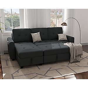 Ucloveria Sectional Sofa Couch, Sleeper Sofa Bed with Reversible Storage Chaise Pull Out Couch Bed for Living Room L-Shape Lounge 2 in 1 Futon Sofa with Side Storage Bag, Black