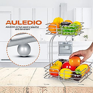 Auledio 2-Tier Square Countertop Fruit Vegetables Basket Bowl Storage With Banana Hanger,Sliver