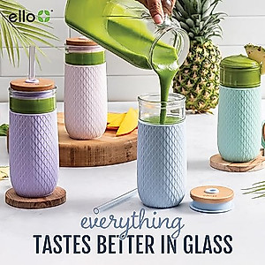 Ello Devon 18oz Glass Tumbler with Straw, Friction Fit Bamboo Wood Lid and Silicone Sleeve | Perfect for Iced Coffee, Tea, and Smoothies | White