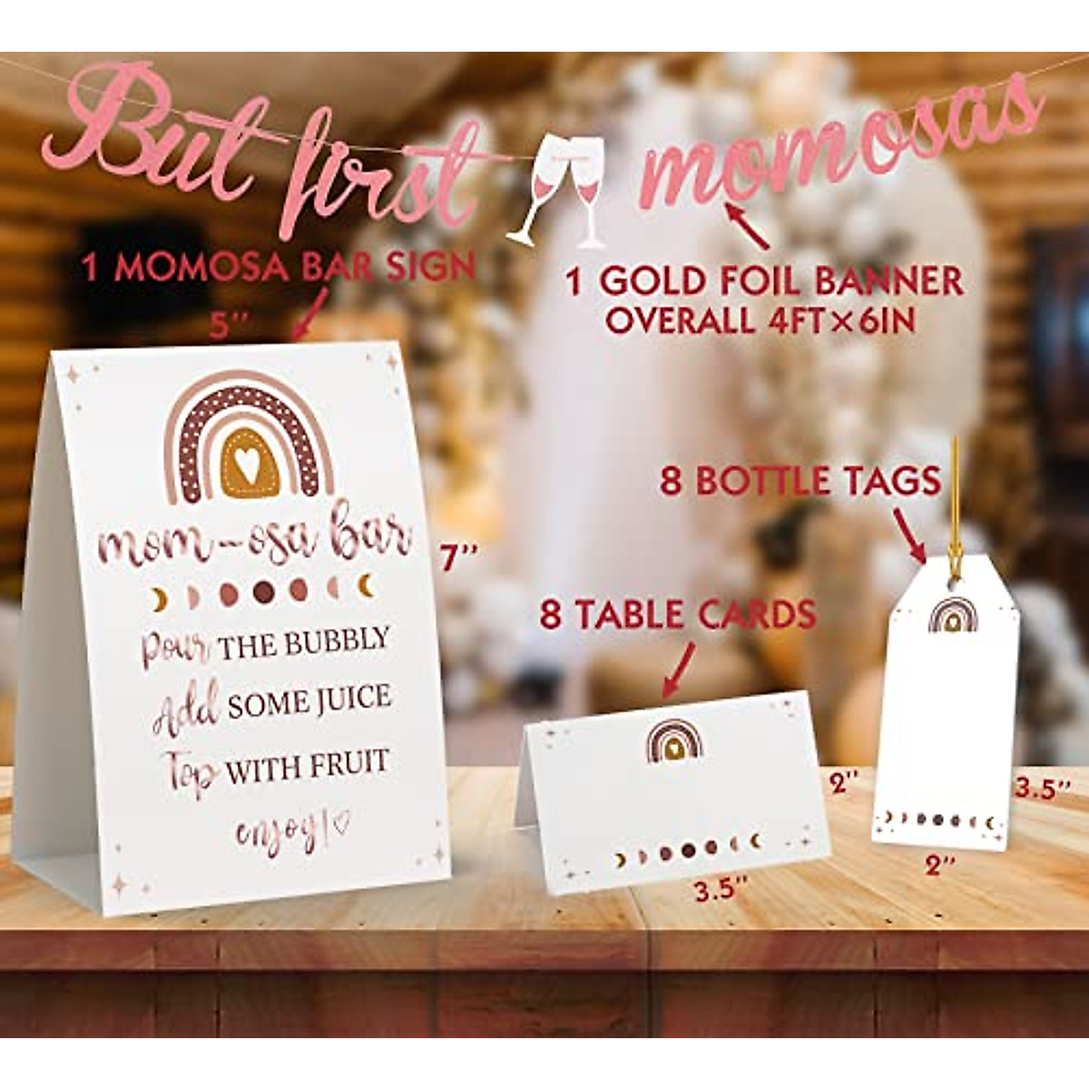 Momosa Bar Decorations – Gold Foil Banner Tags Kit, Momosa Bar Sign, 8 Bottle Tags, 8 Table Cards – Bridal Shower Bubbly Bar Champagne Baby Shower Wedding Birthday Party/mo018A