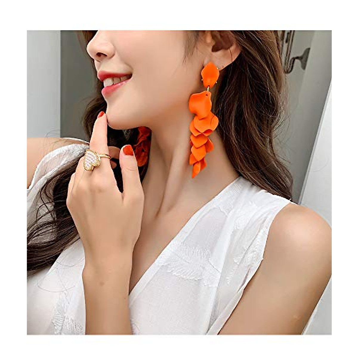 Dangle Acrylic Petal Earrings Long Drop Statement Fashion Rose Flower Earrings Hanging Resin Floral Tassel Earrings for Women- orange