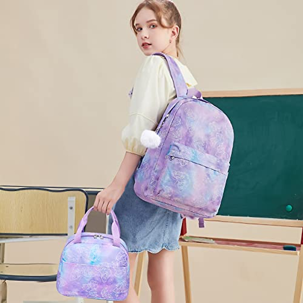 CAMTOP School Backpack for Girls Teens Bookbag Set Kids Backpack 3 In 1,School Bags with Lunch Box Pencil Case for Age 6-14 (Butterfly-Luminous)