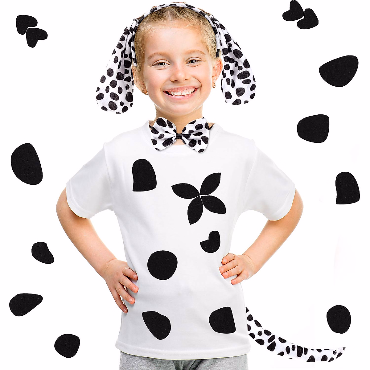 WILLBOND Dalmatian Dog Ear Headband, Bow Tie, Tail Set with 4 Sheets Adhesive Felt Circles Felt Pads for Halloween DIY Projects Costume Party Decorations Supplies