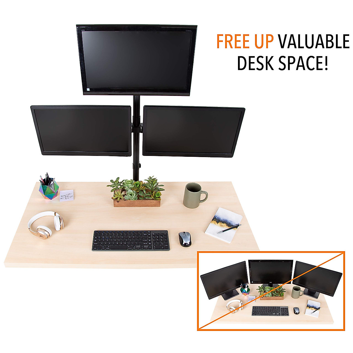 Stand Steady Triple Monitor Desk Stand with Clamp-On Base, for Home or Office Use, Height Adjustable Computer Monitor Stand with Full Articulation VESA Mounts, Fits Most LCD/LED Monitors 13-32 Inches