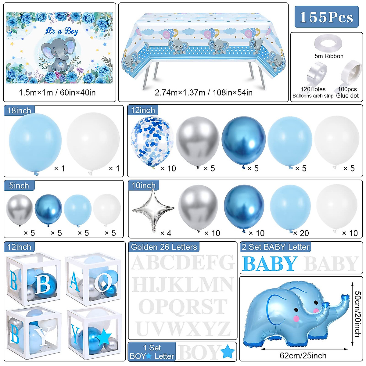 Golray 155pcs Elephant Baby Shower Decorations for Boy Baby Boxes with Letters Blue Balloon Garland Kit It's a Boy Backdrop Tablecloth Star Elephant Kid Birthday Party Supplies Baby Boy Shower Decor