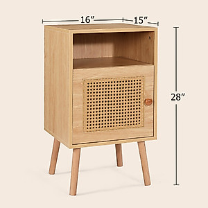 KROFEM Modern Mid Century Boho Rattan Cane Nightstand Set of 2, End Table with Open Storage, Solid Wood Legs, Bedroom Night Stand, Natural, Clearance