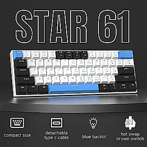 60 Percent Mechanical Gaming Keyboard,Black White Blue Mixed Color Keycaps Gaming Keyboard with Brown Switches, Detachable Type-C Cable Mini Keyboard with Blue LED Light for Windows/Mac/PC/Laptop