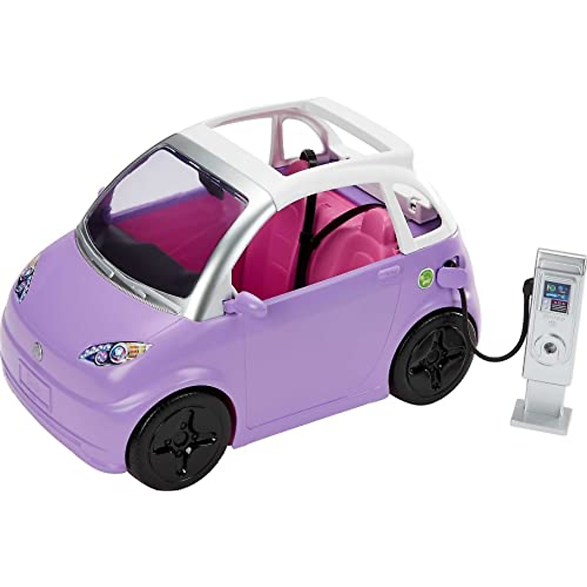 Barbie Toy Car "Electric Vehicle" with Charging Station, Plug and Sunroof, Purple 2-Seater Transforms Into Convertible (Amazon Exclusive)