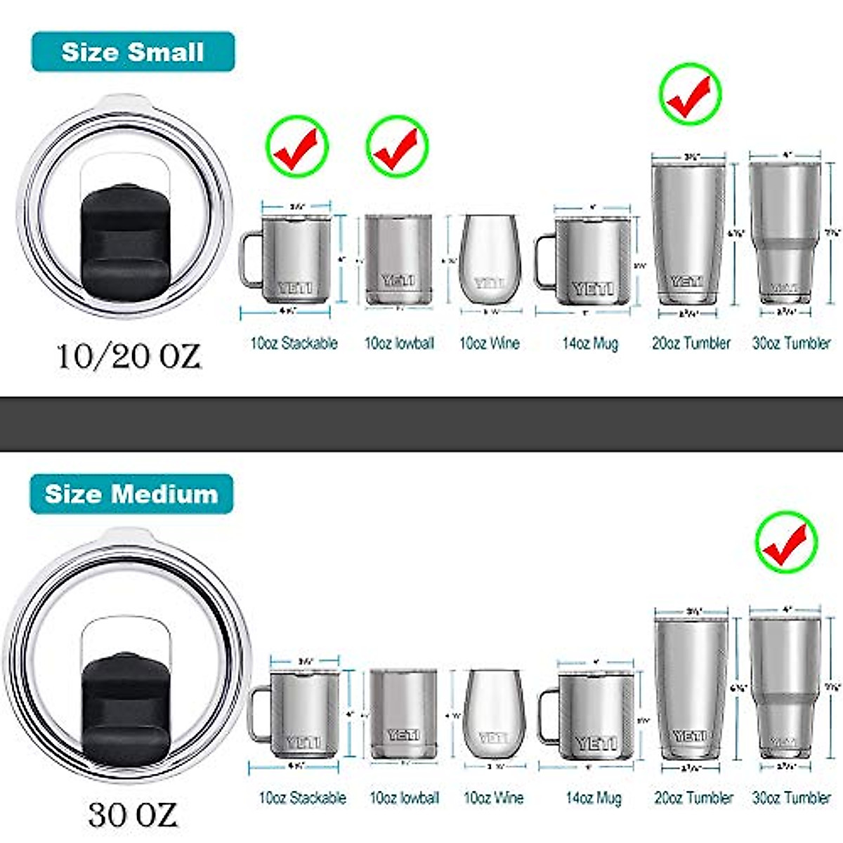 Bekolna Magnetic Tumbler Lids for Yeti 10 oz Lowball, 10 oz Mug and 20 oz Tumbler, Replacement cover for Yeti magslider Lid (Black and Black magslider & gasket)