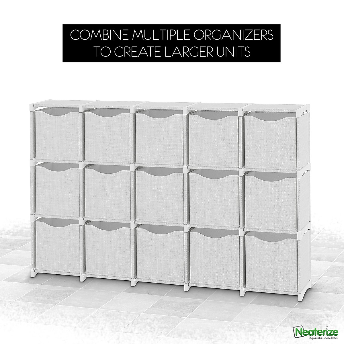 8 Cube Storage Organizer Set. Includes Eight 11 inch Storage Cube Bins. DIY Fabric Storage Cube Shelves for Closet Organization Clothes, Books, Toys. Used in Playroom and Bedroom. (White -Grey)