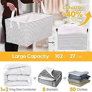 Hinwo 102L XXL Storage Bins, 2-Pack Closet Organizers and Storage, Foldable Clothes Storage Baskets with Handles, Containers for Clothing, Blanket, Comforters, Toys, Bedding (Black Stripe)