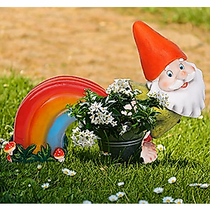 UDDDSR Garden Gnome Statue, Funny Gnome Figurine with Rainbow Solar LED Lights for Garden Patio Yard Art Decoration, Outdoor Lawn Ornaments, Housewarming Funny Garden Gifts - 14"