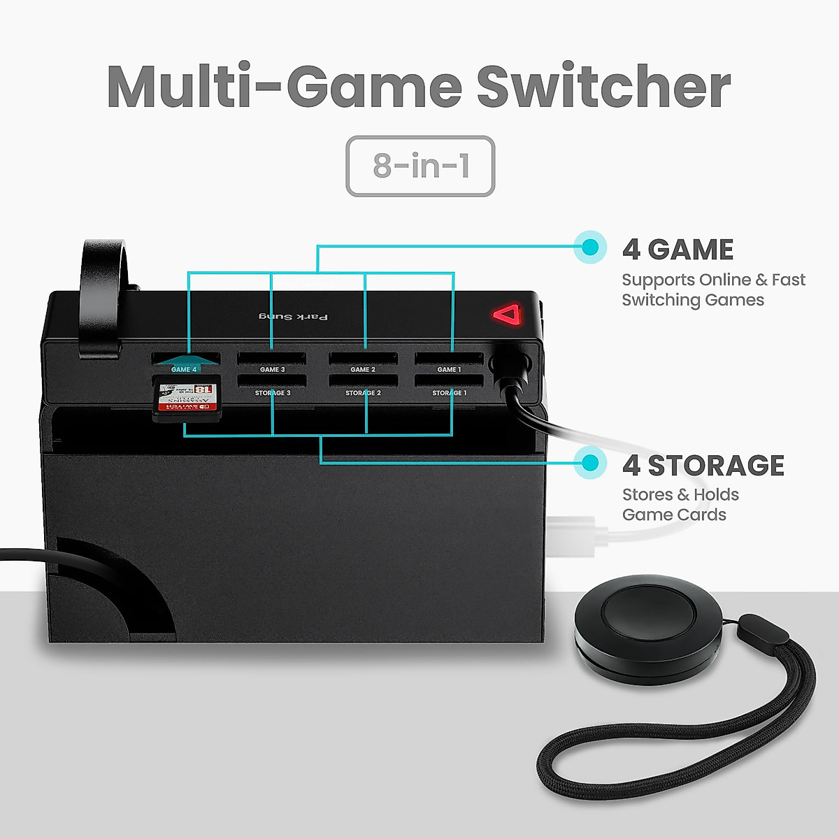 Park Sung Switch Game Card Reader, Upgrade Version Switch Game Switcher with Remote Control Switching, 8-in-1 Game Cards Holder (4 for Game Switch+4 for Storage) Quick Switching for Switch/Switch OLED