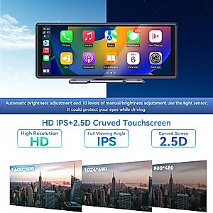 10.3 Inch Portable Carplay Screen for Car with Wireless Carplay and Android Auto,IPS Touch Screen Portable Car Stereo with Bluetooth, Mirror Link, GPS Navigation