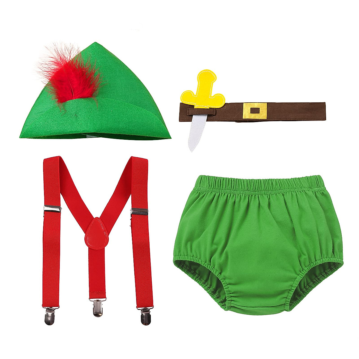 Toddlers Baby Boys Green Halloween Costume Red Feather Green Hat Cosplay 1st Birthday Cake Smash Outfit with Bloomers Diaper Cover brown Belt Role Play Accessories Costume Set Green 4pcs 18-24 Months