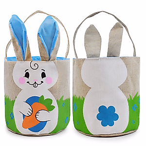 JOYIN 2 Pcs Easter Bunny Basket Set for Easter Eggs Hunt, Burlap Egg Tote Gift for Kids, Party Favor