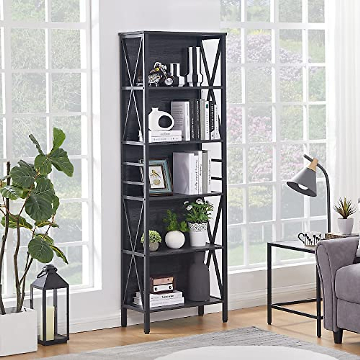 HOMISSUE Bookshelf, 6-Tier Bookshelf, Rustic Wood Metal Bookshelves and Bookcases, Freestanding Open Book Shelf, Industrial Tall Bookcase for Home Office, Living Room and Bedroom, Vintage Grey