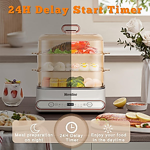 Veroline Electric Food Steamer for Cooking, 15QT Vegetable Steamer with 3-Tier Stainless Steel Trays, 1200W Electric Steamer for Fast Simultaneous Cooking, 24H Delay Start, Auto Shut-Off, BPA-Free