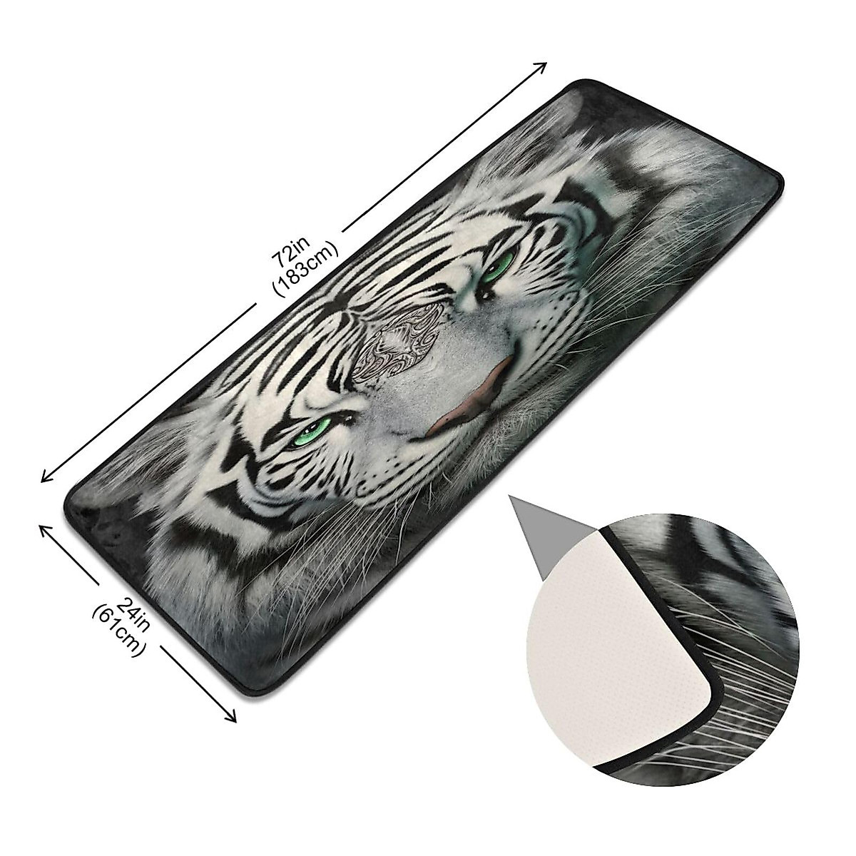 xigua White Tiger with Green Eyes Non-Slip Runner Rug Area Rug Washable Rectangle Rug for Bedroom Living Room Bathroom Hallways Home Decor 72x24 Inches#261