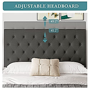 HOOMIC Queen Bed Frame with Adjustable Diamond Tufted Headboard / Fabric Upholstered Platform Bed Frame / Mattress Foundation / Wooden Slats / No Box Spring Needed / Easy Assembly, Dark Grey