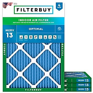 Filterbuy 16x20x1 Air Filter MERV 13 Optimal Defense (4-Pack), Pleated HVAC AC Furnace Air Filters Replacement (Actual Size: 15.50 x 19.50 x 0.75 Inches)
