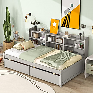 Twin Size Captain Bed with 2 Storage Drawers Wood Day Beds with Side Bookcase, Twin Bed Frame for Kids, Boys, Girls & Teens, No Box Spring Needed, Grey